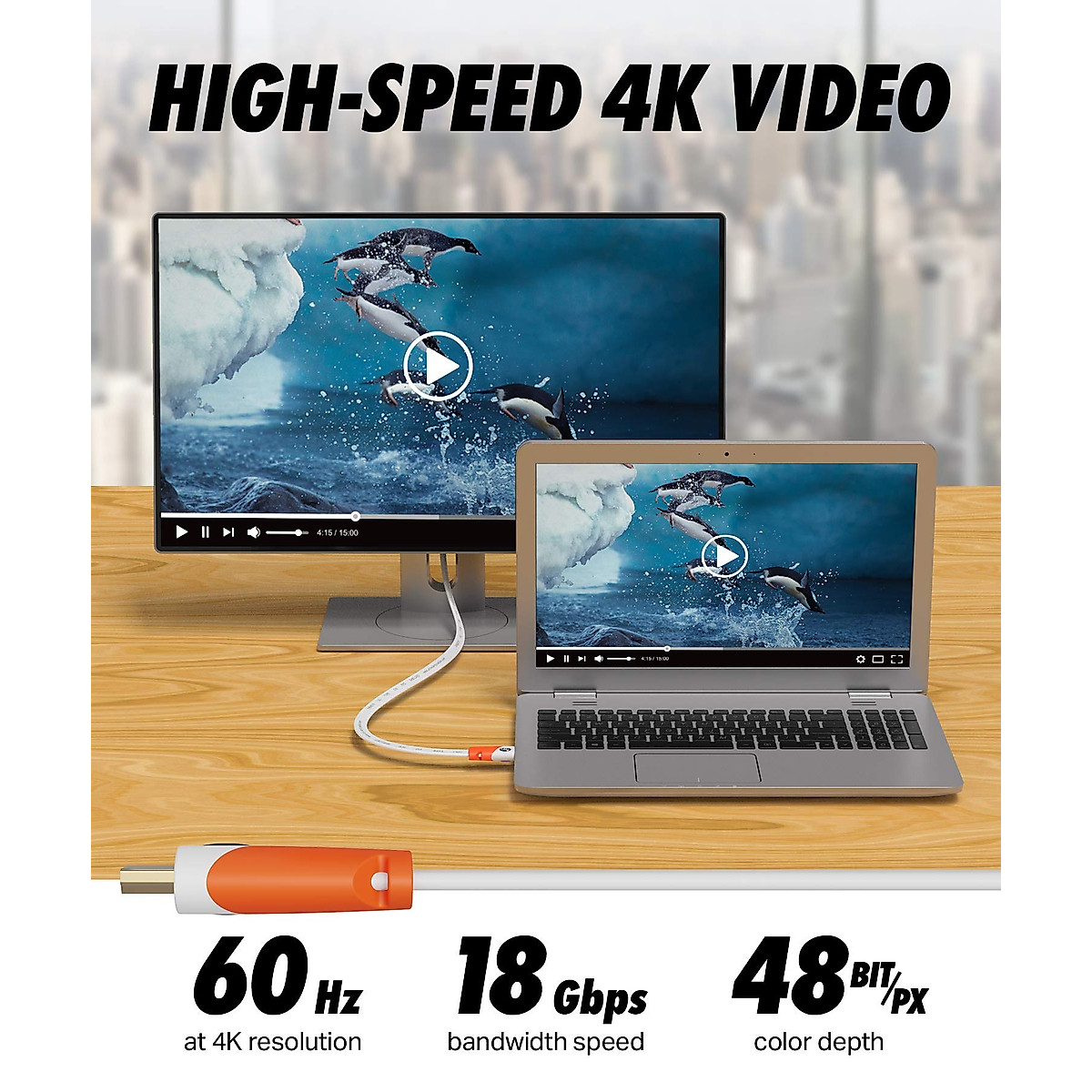 Flat Cable HDMI - 2.0 - High Speed HDMI Flat Wire, by Ultra Clarity - CL3 Rated - Audio Return Channel (ARC) 4K Ultra HD 2160p / Bandwidth up to 18Gbps / 3D HD 2 X 1080p Ready (40 feet 1-Pack)