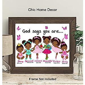 African American Girls Wall Art & Decor - Religious Wall Decor - God Says You Are - Scripture Wall Decor - Christian Gifts - God Wall Art - Black Girls Room Decor -Inspirational Uplifting Bible Verses