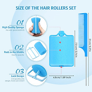 Syhood 12 Pcs Jumbo Foam Sponge Hair Rollers 1.89 Inch Soft Sleeping Curlers Flexible Large Foam Rollers and Rat Tail Comb for Hair Styling(Blue)