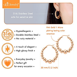 ‎555Jewelry Beaded Stainless Steel Hoop Earrings, Large Round Circle Beaded Steel Hoop Earrings, ‎Hoops Earrings for Women, Hypoallergenic Earrings for Women Hoops, Rose Gold
