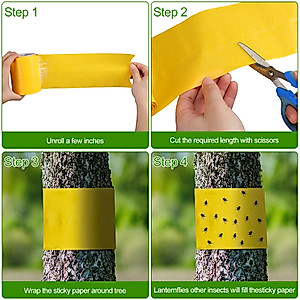 Kittmip 4 Rolls 260ft Lantern Fly Tree Tape Outdoor Adhesive Crawling Insect Trap Yellow Sticky Traps Sticky Barrier Protecting Trees Outdoor Indoor Fruit Tree Lawn Garden Control Aphids Ant Moth
