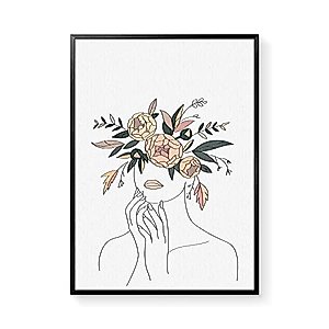 GXOBOCX Canvas Wall Art Modern Abstract Art Blossom on Woman Face Prints Artwork Minimalist Line Art for Living Room Bathroom Decor (Black Framed,16x22 inches)