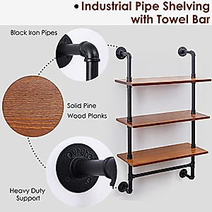 Marsmiles Industrial Pipe Shelves Wall Mounted, 24 Inch Wall Shelves Rustic Farmhouse Bathroom Shelves with Towel Bar and Hooks, 3 Tier Bookshelf Floating Wall Shelves for Kitchen Bar Living Room