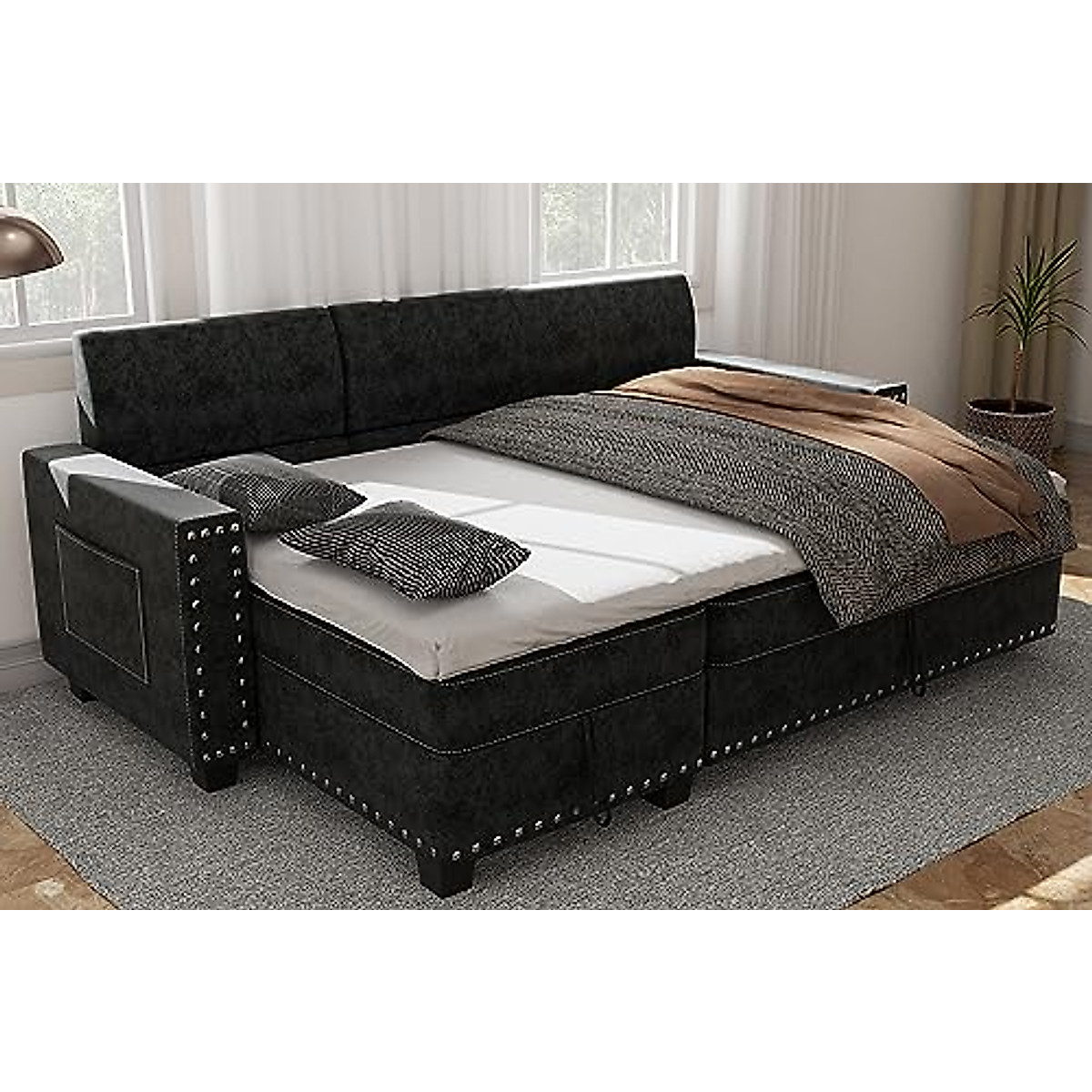 Ucloveria Reversible Sectional Sofa Couch, Sleeper Sofa Bed with Storage Chaise Pull Out Couch Bed for Living Room L-Shape Lounge 2 in 1 Sectional Couch with Pull Out Bed Black
