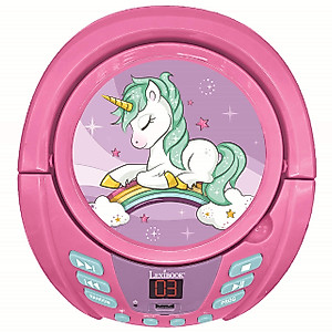 Lexibook Unicorn - Bluetooth CD Player for Kids – Portable, Multicoloured Light Effects, Microphone Jack, Aux-in Jack, AC or Battery-Operated, Girls, Boys, Pink, RCD109UNI