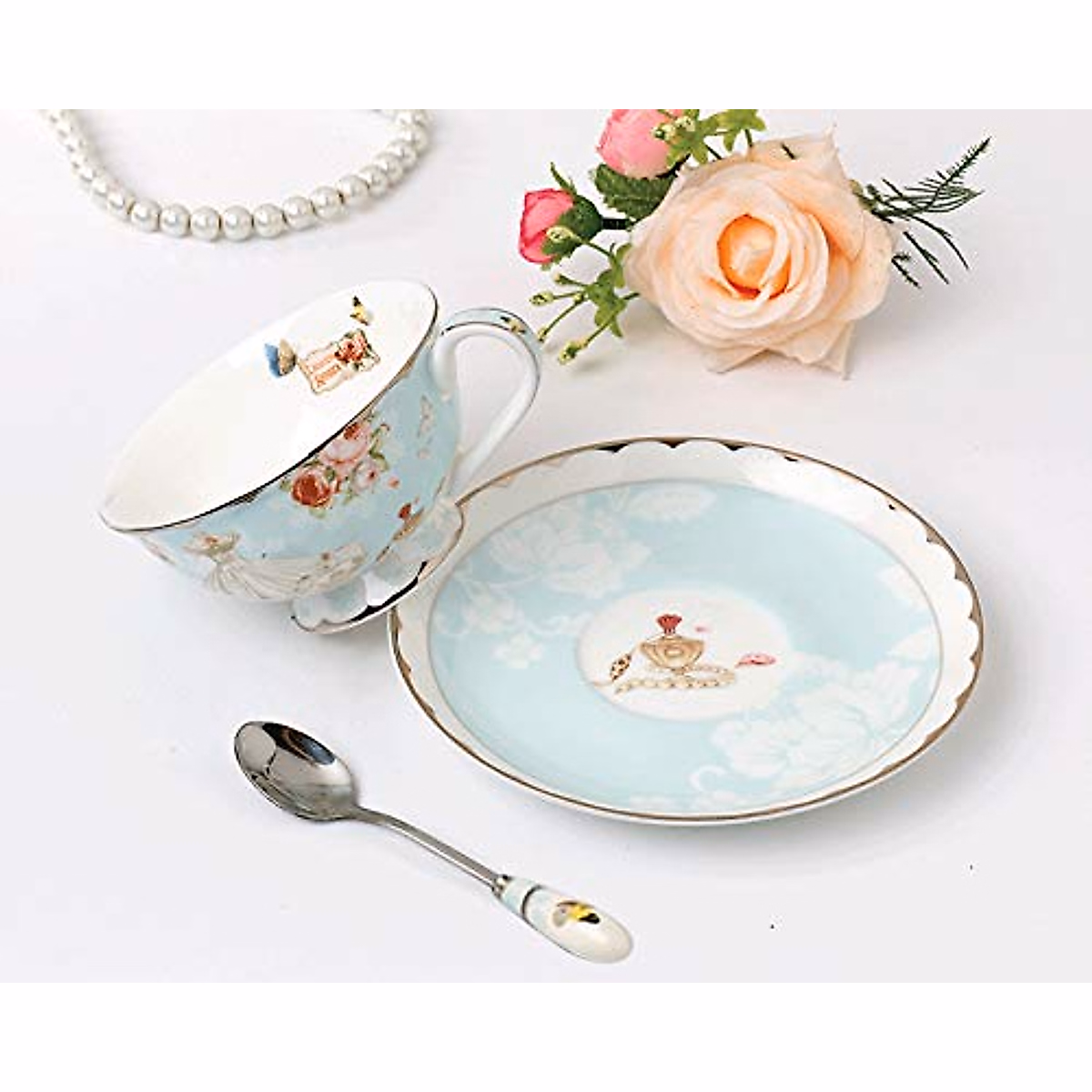 Fine Bone China Tea Cups and Saucers, Pastel Blue Floral Design Coffee Mug Tea Cups Set with Gift Box for Women Mom, 7 Ounces