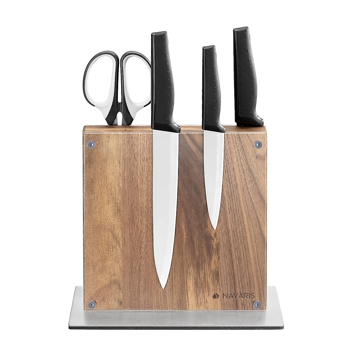 Navaris Magnetic Knife Block - Kitchen Storage with Strong Magnets for Knives & Utensils - Simple Modern Holder with Acrylic Guard - Acacia Wood - 8.8" x 8.7"