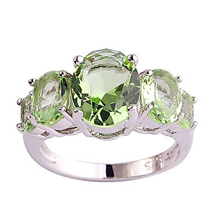 Narica Silver Plated 5-Stones Oval Cut Brilliant Created Green Created Amethyst CZ Cubic Zirconia Filled Eternity Halo Cocktail Party Wedding Engagement Proposal Band Women's Ring for Mom Bridal Lover Gift 12#