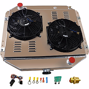 ALLOYWORKS CC833 Aluminum Radiator Compatible with 1966-1979 Ford F-100 F-150 F-250 F-350 1978-1979 Ford Bronco Truck Downflow Radiator, 4 Row Radiators, Shroud Fan Relay Kit, L6 V8 Chevy Engines Only