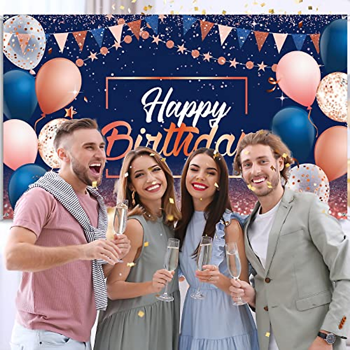 Happy Birthday Decorations Backdrop, Glitter Birthday Backdrop Sign, Happy Birthday Banner, Birthday Party Supplies Photo Background for Children Men Women, 72.8 x 43.3 Inch (Rose Gold and Navy Blue)