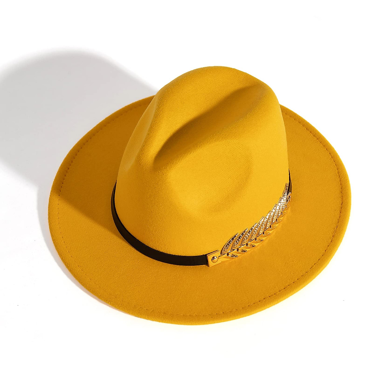HUDANHUWEI Women's Wide Brim Fedora Panama Hat with Metal Belt Buckle W Yellow