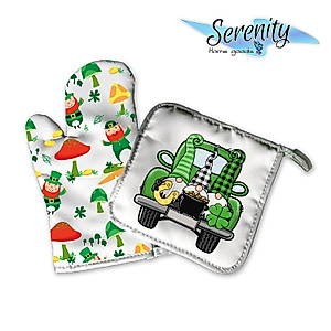 St Paddys Day | Saint Patricks Day | Spring Decorative Kitchen Hot Plate Pot Holder Oven Mitt Set | Leprechaun Shamrock Clover Green Gold Gnome | Cute Decoration