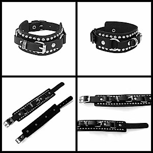 Tosmifairy 3pcs Ring Choker and Bracelets Set Goth Jewelry for Women Ladies Black Leather Collar Cuff Cosplay Accessories Costume