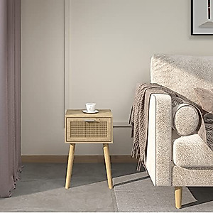 LAATOOREE Nightstand Set of 2, Boho Bedside Table with Rattan Door Solid Wood Feet for Bedroom Living Room Small Space