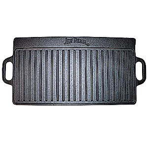Jim Beam Skillet Pre Seasoned Heavy Duty Construction Double Sided Cast Iron Griddle Pan with Superior Heat Retention, 20"x1"x9", Large, Black,BBQ168