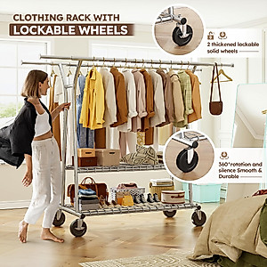 Raybee 78"W Clothes Rack Heavy Duty Loads 650LBS, Clothing Racks for Hanging Clothes, Rolling Clothing Rack With Shelves, Clothing Rack with Wheels Portable Collapsible Commercial Garment Rack Chrome