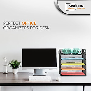 Sinboun Letter Tray Paper Organizer 5-Tier Mesh Desk File Organizer Paper Sorter Holder with Handle, Metal Desktop Document Shelf Tray for Letter/A4 Office Organization - Black
