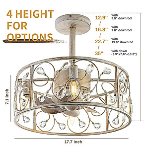 COCOSTAR Retro-white Ceiling Fans with Lights, Vintage Caged Ceiling Fan with Crystals, White Chandelier Fan with Crystals for Dining Room, 3 Downrods, 3 Speed, Timer and E12*5 Bulb Included