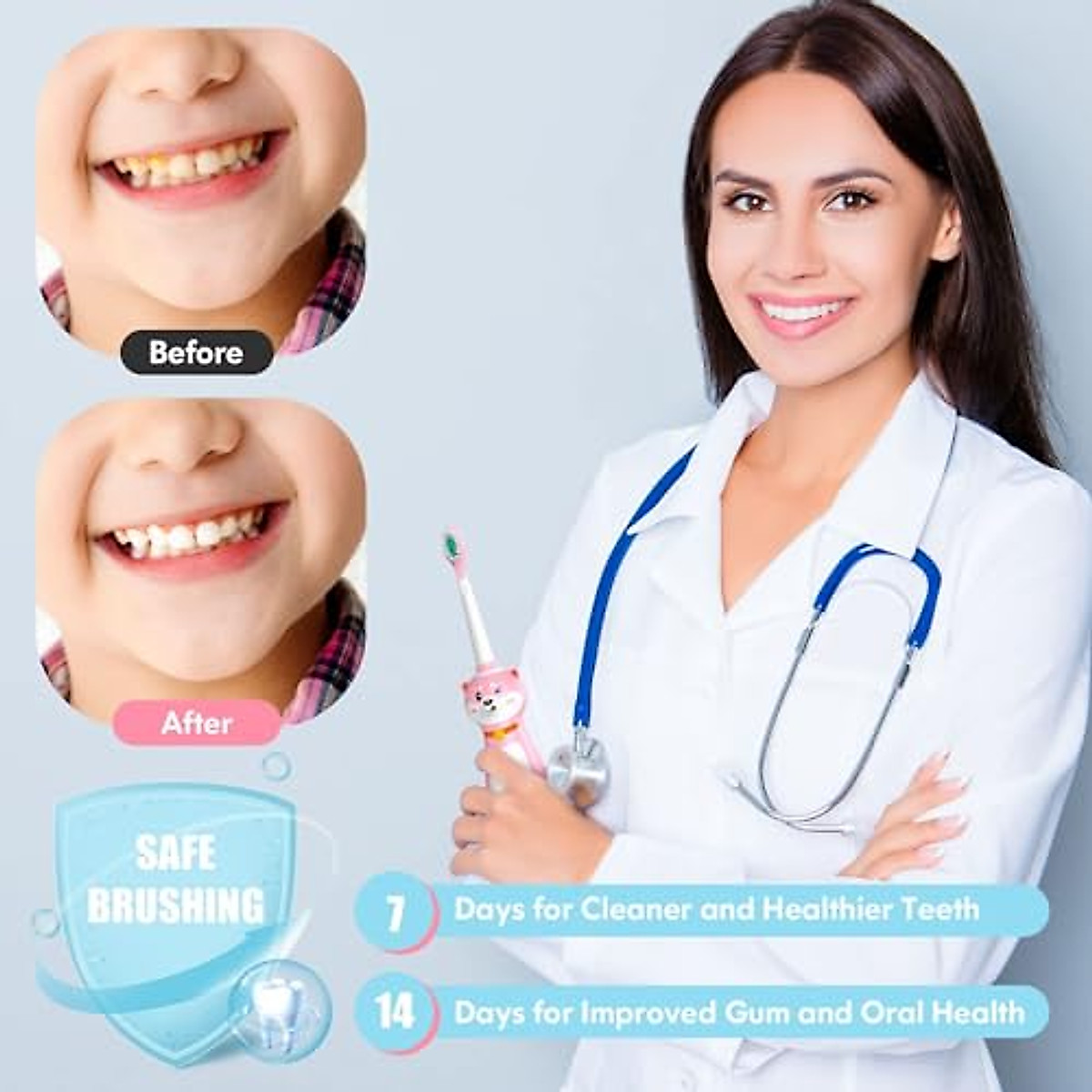 DADA-TECH Kids Electric Toothbrush Rechargeable, Sonic Silicone Teeth Brush with Timer for Children Boys Girls Ages 3+, 3 Modes with Memory, 4 Soft Brush Heads (Pink Shiba Inu Dog)