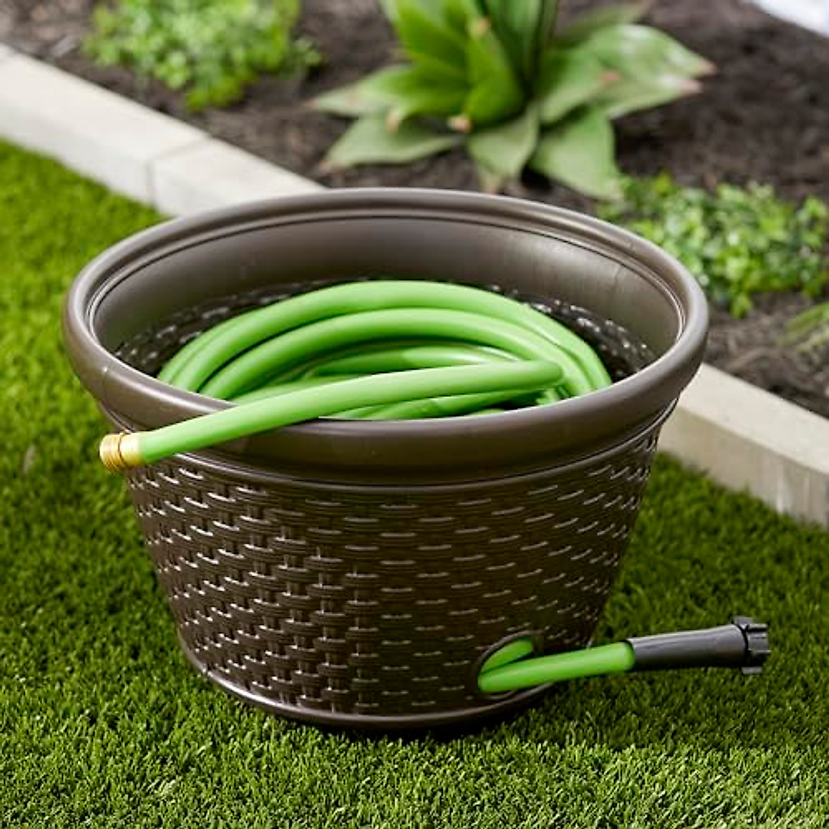 Suncast Heavy Duty Plastic Wicker Decorative Garden Water Hose Storage Holder Pot with Drain Holes for 100 Foot Hoses, Java, 2 Pack
