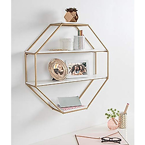 Kate and Laurel Lintz Glam Octagon Wall Shelf, 24 x 24, White and Gold, Modern 4-Tier Geometric Shelves for Wall