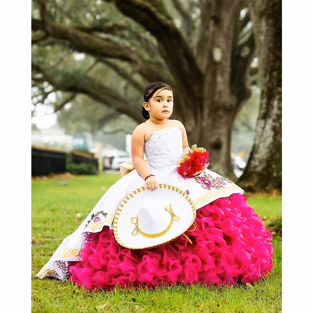 Hot Pink Floral Flower Patterns Ball Gowns for Toddler Infant Cupcake Flower Girl Dresses for Wedding with Straps Gold Embroidery White Satin Ruched 6