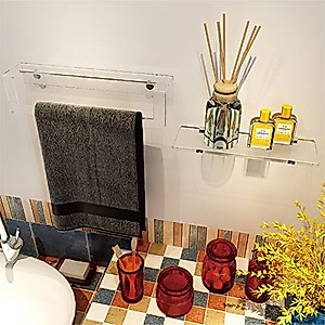 RORKIM Clear Acrylic Towel Racks Bathroom Wall Shelf with Towel Bar Wall Mounted,Thicken Clear Acrylic Bathroom Shelf Space Saving Utility Storage Bathroom Accessories