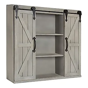 Kate and Laurel Cates Decorative Wood Wall Storage Cabinet with Two Sliding Barn Doors, Rustic Gray