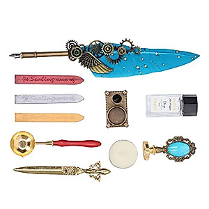 GLOGLOW Feather Pen Set, Vintage Calligraphy Quill Pen Set with 5 Nibs Stamp Pen Holder Letter Knife Spoon Empty Ink Bottle for Calligraphy Lovers Lake Blue