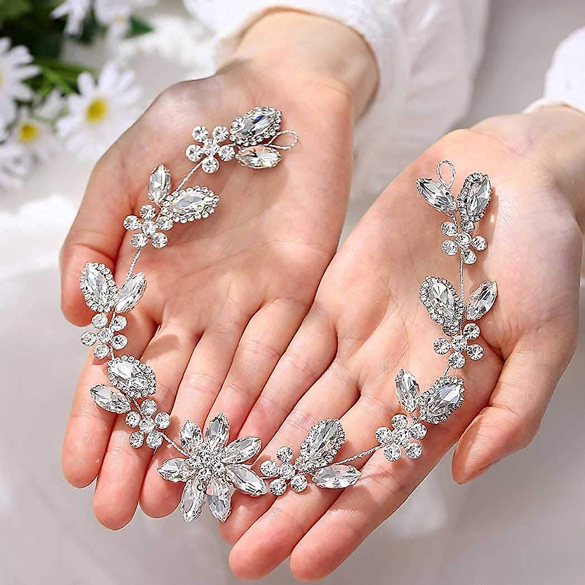 Unsutuo Crystal Bride Wedding Hair Vine Silver Flower Bridal Hair Headpiece Rhinestone Hair Pieces for Women and Girls