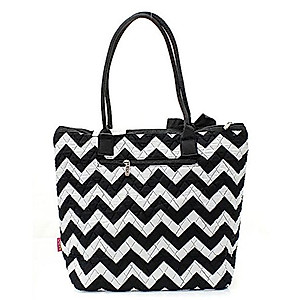 NGIL Quilted Chevron Striped Print Tote Bag Aqua Blue & Black