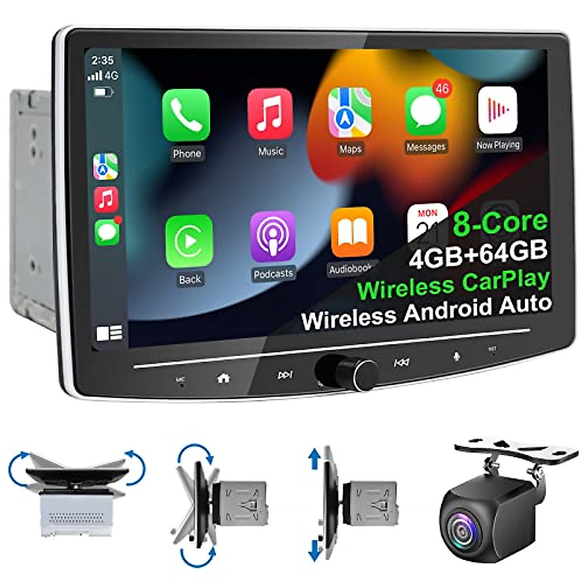 Double Din Car Stereo Wireless CarPlay Android Auto 4G+64G 8-Core Detachable 10 Inch Touchscreen Car Radio Dual Bluetooth AM FM GPS Navigation WiFi Car Audio Receiver with Backup Camera 2Din Head Unit