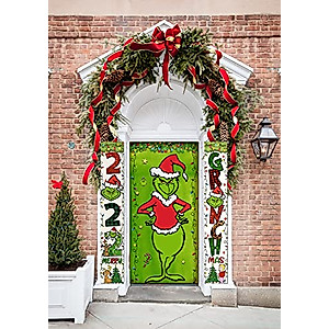 Grinch Christmas Door Cover Decorations Grinch Green Backdrop Merry Christmas Porch Sign for Indoor Outside Front Door Party Supplies