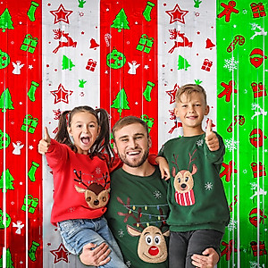 LOLStar Christmas Party Decoration, 4 Pack Christmas Themed Pattern Foil Fringe Curtains 3.3 X 6.6 ft Red Silver Green Tinsel Fringe Photo Backdrop Streamer Backdrop for Christmas, Ugly Sweater Party