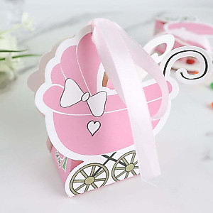 Efavormart 25 Pack | Pink Baby Paper Stroller Party Favor Gift Boxes, Cardstock Carriage Candy Boxes with Ribbon Ties - 4.5"x2"x4"