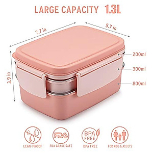Freshmage Stainless Steel Bento Box Adult Lunch Box, Leakproof Stackable Large Capacity Dishwasher Safe Lunch Container with Divided Compartments, Pink
