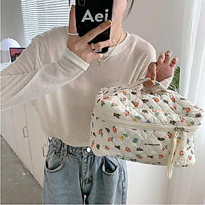 BILIPOPX 3 Pack Kawaii Cute Makeup Bag Bear Aesthetic Travel Quilted Cotton Cosmetic Bag Organizer Toiletry Pouch for Women Teen Girls (Bear Flower)