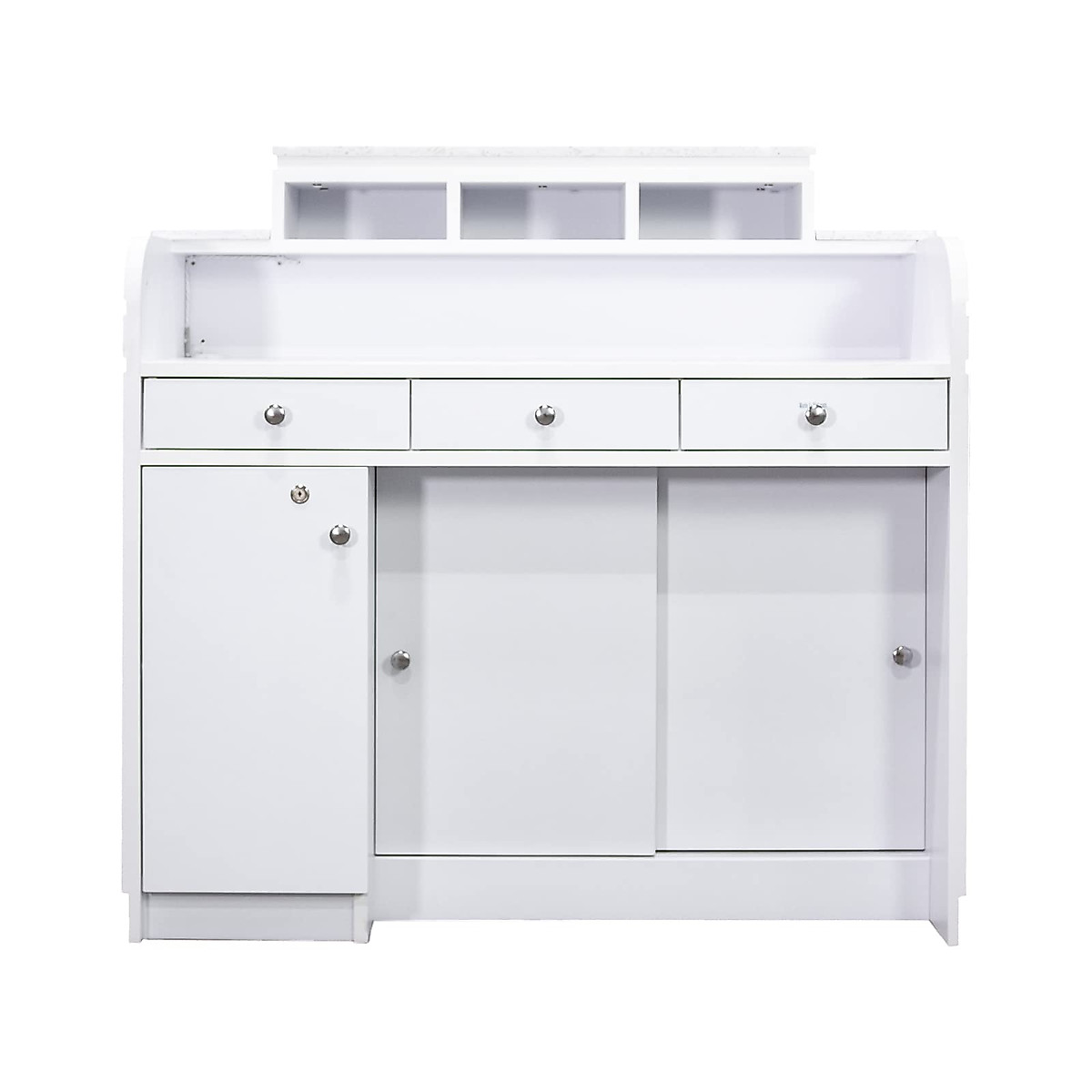 MAYAKOBA NAPA Reception Desk Square Table with LED Light and Marble Top, Office Restaurant Beauty Spa Salon Furniture, Luxe White/Silver Accents