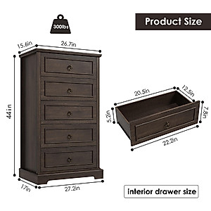 HOSTACK 5 Drawer Tall Dresser, Modern Farmhouse Chest of Drawers, Wood Dressers Organizer, Accent Storage Cabinet for Living Room, Hallway, Home Office, Dark Brown