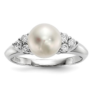 IceCarats 925 Sterling Silver 8mm White Button Freshwater Cultured Pearl Cubic Zirconia CZ Ring Size 8