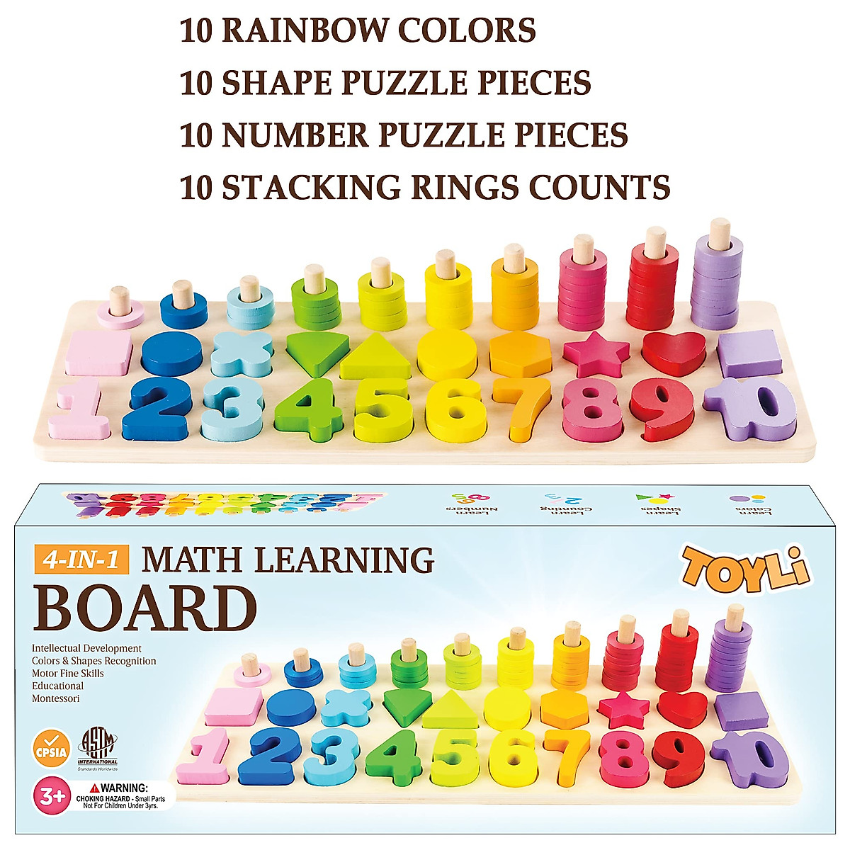 TOYLI Educational Math Learning Board and Puzzle Wooden 4 in 1, Wooden Stacking Toy