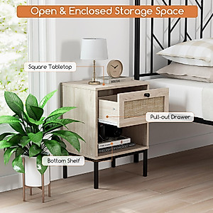 GOFLAME Rattan Nightstand Set of 2, Boho Bedside Table with Drawer & Open Shelf, Wooden End Table with Metal Legs, Farmhouse Sofa Side Table for Bedroom and Small Spaces, Oak
