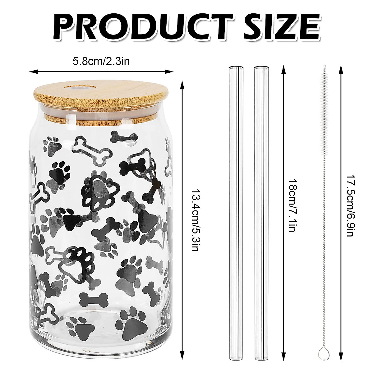 Whaline Dog Paw Ice Coffee Cup 16oz Black White Pet Paw Bone Glasses Cup with Bamboo Lids Glass Straw Cleaning Brushes Cute Drinking Glasses for Cocktails Whiskey Beer Soda Gifts, 2Pcs
