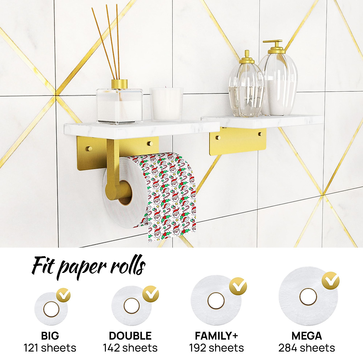 Double SHELVE Toilet Paper Holder with Natural Marble Shelf, Screw Wall Mounted, Tissue Roll Holder for Bathroom Gold