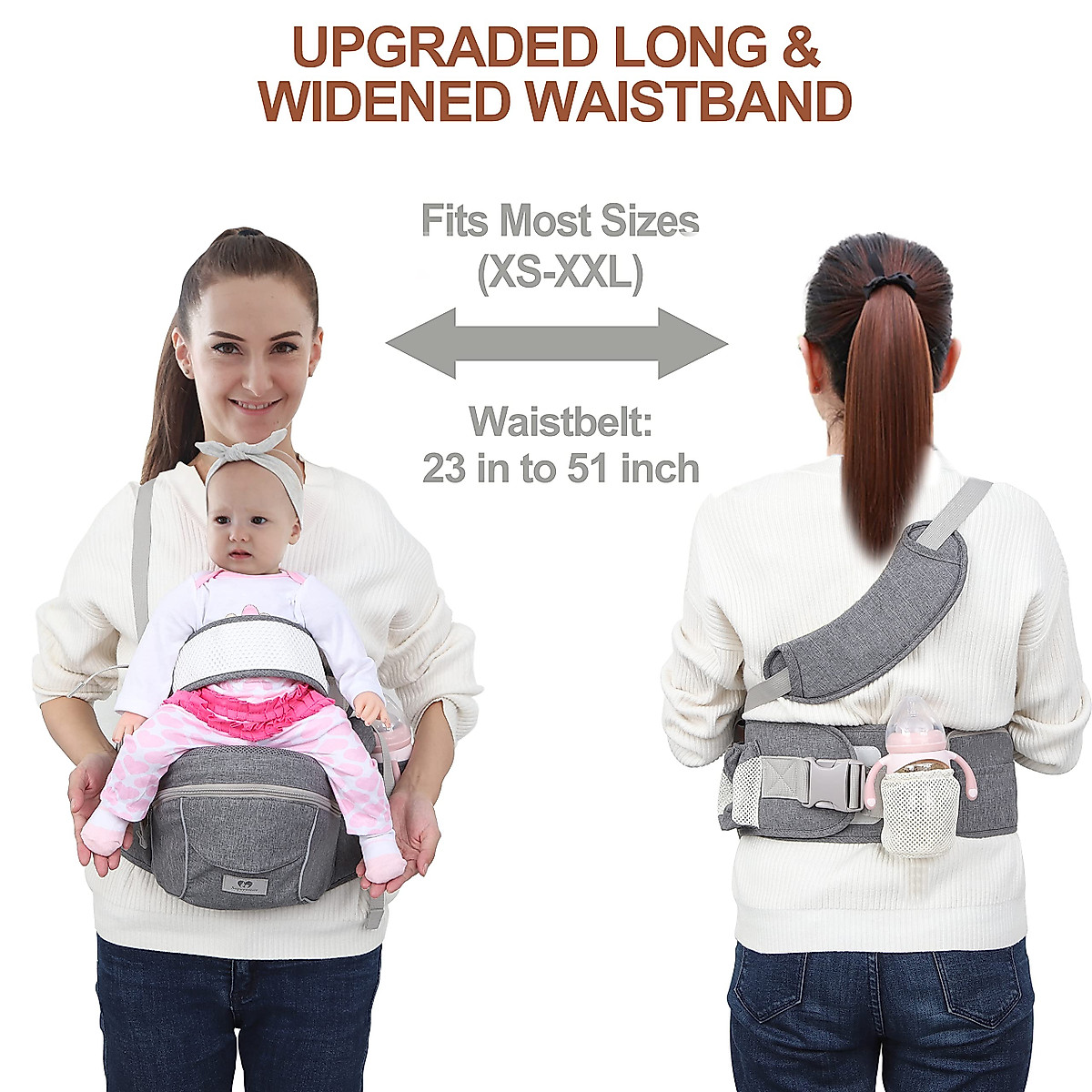 Baby Hip Seat Carrier,Toddler Hip Carrier,Infant Carrier Ergonomic Baby Carrier with Adjustable Safty&Shoulder Strap, 51 inche Waitband,5 Storage Pockets, Gray