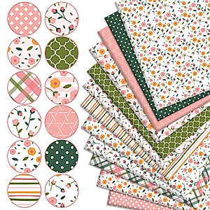 JarThenaAMCS 12Pcs Cotton Fabric Bundles Pink Green Floral Gingham Stripe Dot Fat Quarters Retro Quilting Patchwork for Spring DIY Craft Home Party Decor, 18 x 22 Inch