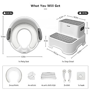 Potty Training Seat with Step Stool for Kids Potty Training Toddler Toilet Seat Attached To Regular Toilet Seat for Boys Girls Bathroom, 2 Cushions and Hook
