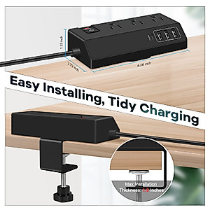 Desk Clamp Power Strip USB C (20W PD Fast Charging) - Desktop Surge Protector with 3 Outlets 4 USB Ports - Edge Mount Power Strip Desk Outlet Station Plug Extender - Phone Office Desk Accessories