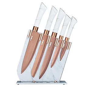 Tower T81534WR Kitchen Knife Set with Acrylic Knife Block, Stainless Steel with Soft Touch Handles, White Marble and Rose Gold, 5 Piece
