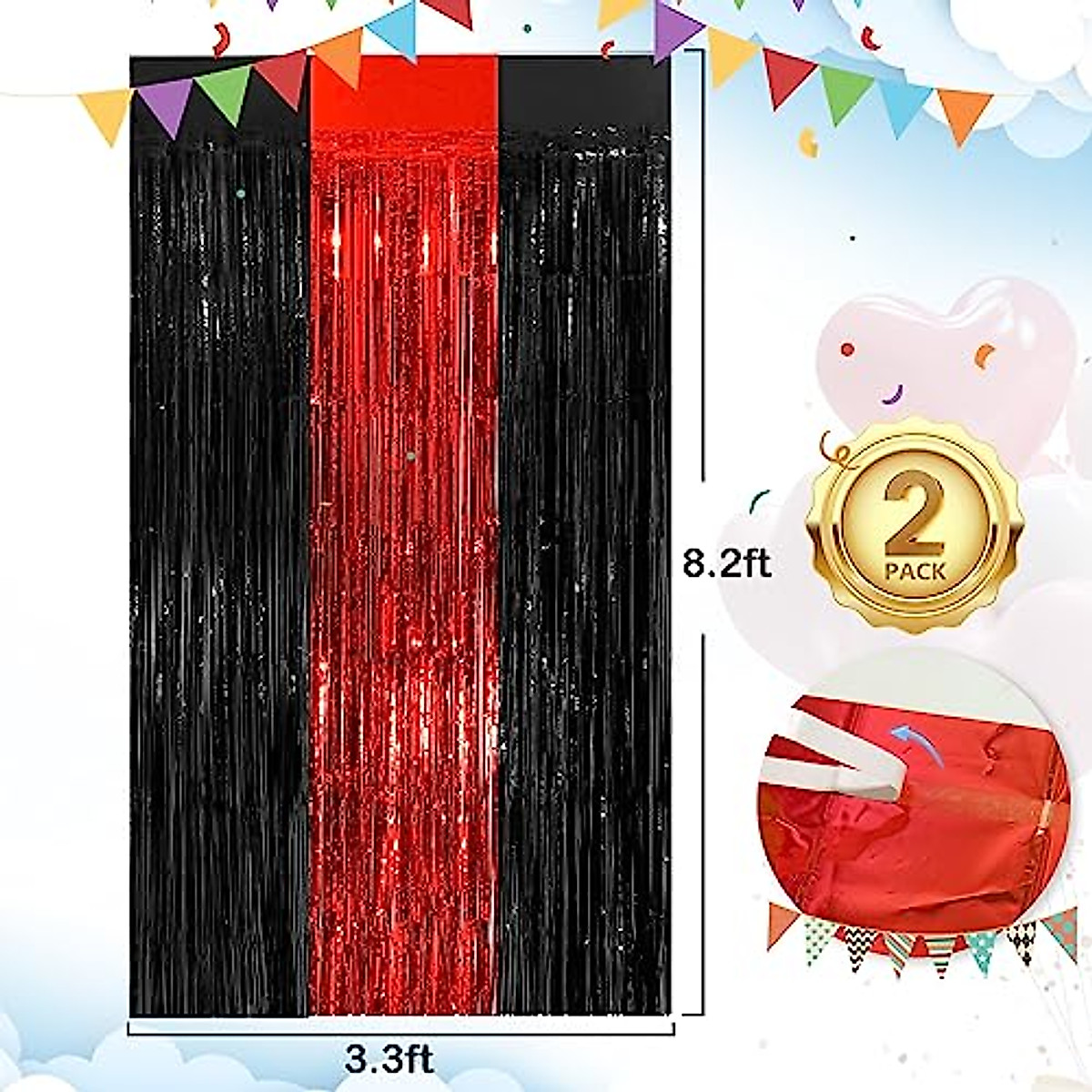 Black Red Fringe Curtain Party Streamers 2Pack 3.3x8.3 Ft Foil Fringe Backdrop Curtains for Birthday Wedding Bridal Baby Shower Holiday Tinsel Streamers Black Party Decorations Door Streamers